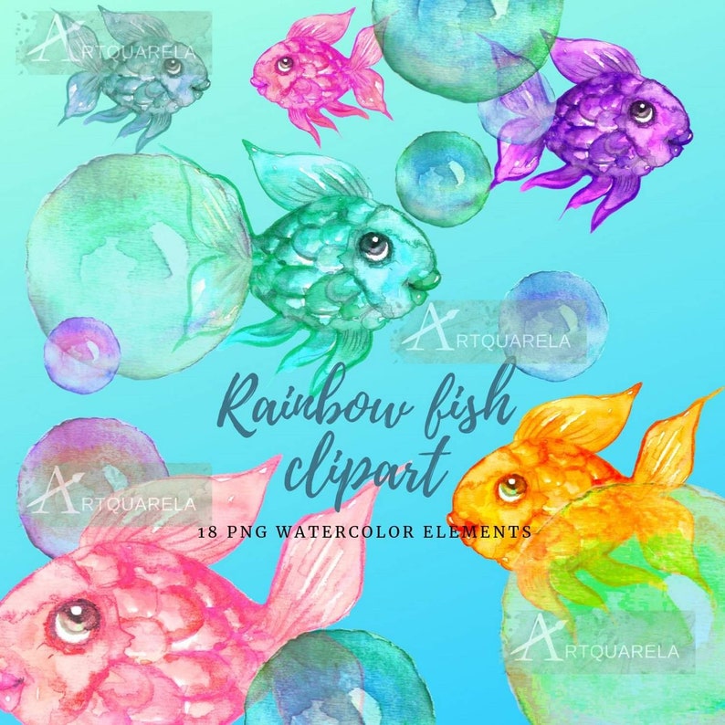 Watercolor Fishes Clipart Set Colorful Fish png Hand Pianted | Etsy