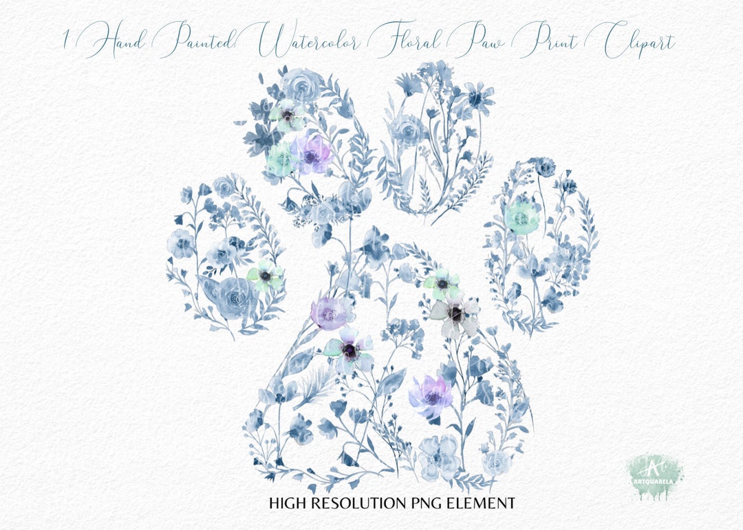 Watercolor Floral Paw Print Clipart- Dog Paw Print- Cat Paw Print ...