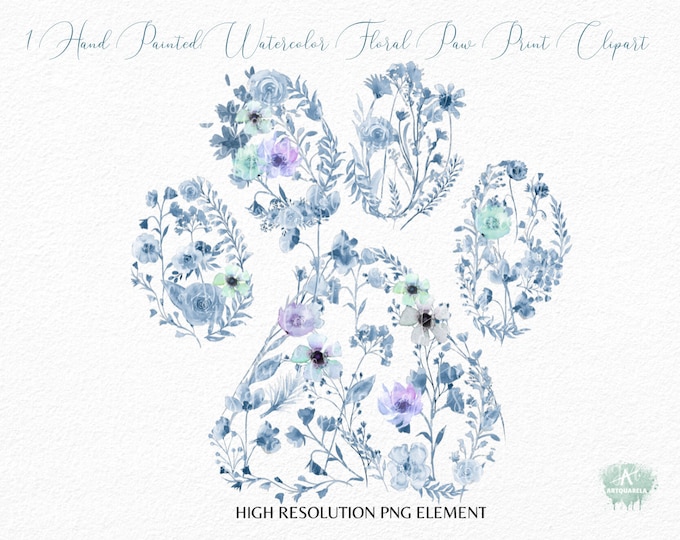 Watercolor Floral Paw Print Clipart- Dog Paw Print- Cat Paw Print ...