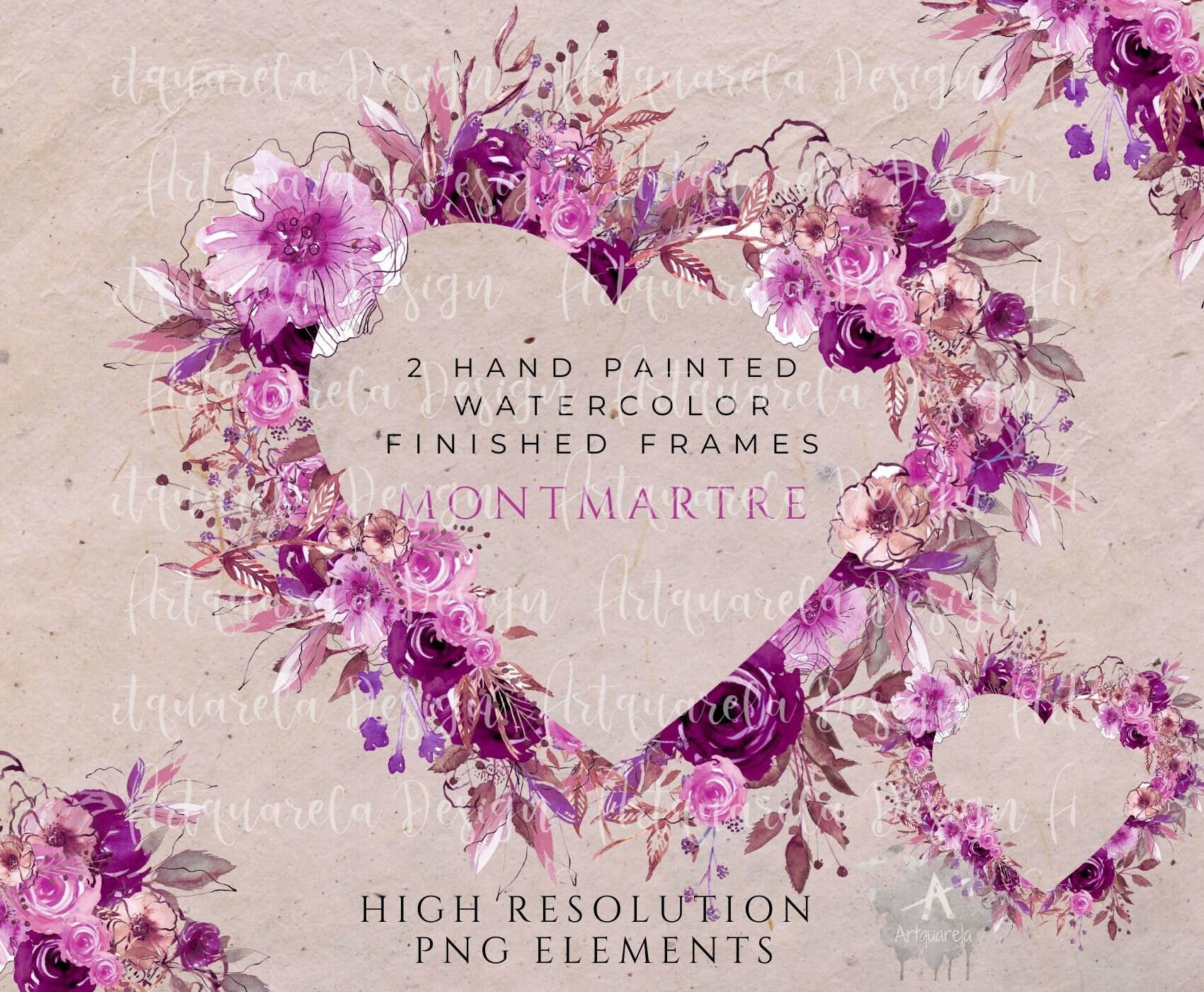 2 Purple Floral Heart Wreath Clipart Watercolor Floral - Etsy