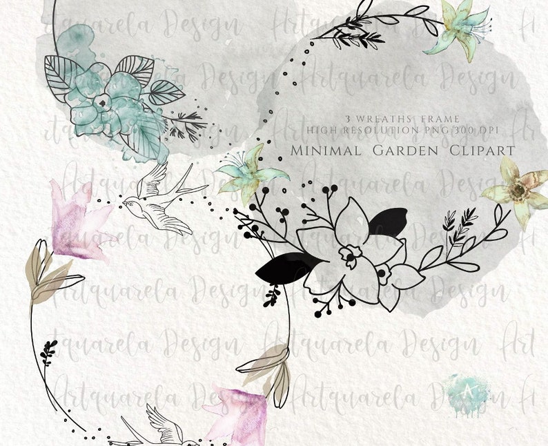 3 Hand Drawn Fine Line Art & Watercolor Floral - Etsy