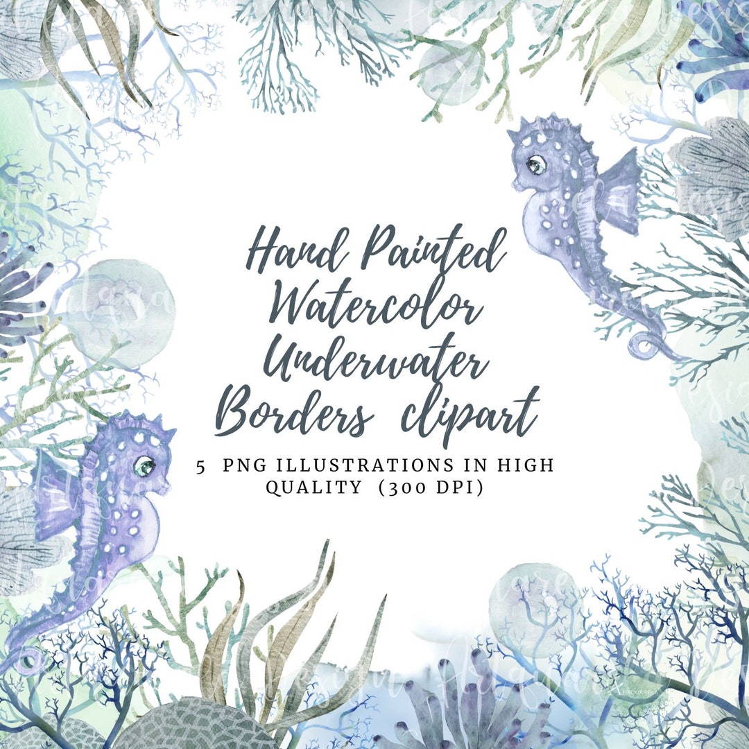 Watercolor Underwater Clip Art: Seahorse, Coral Borders (PNG, 300 DPI ...