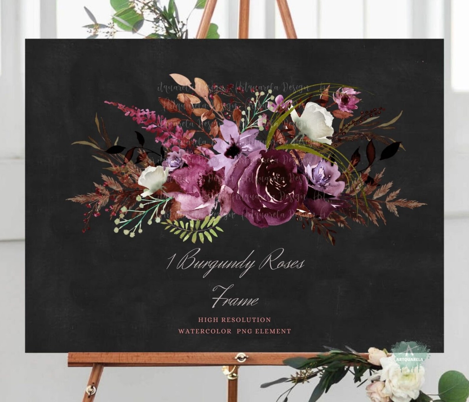 Burgundy Watercolor Floral Clipart Elegant Floral Frame - Etsy