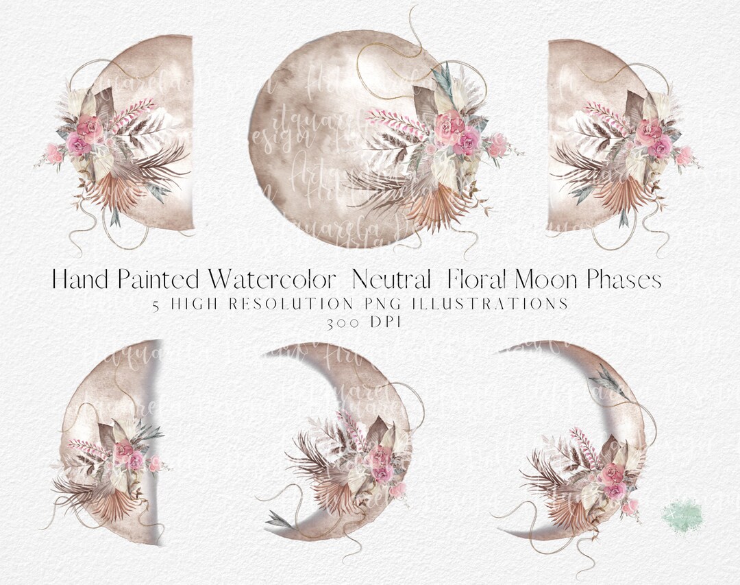 Floral Moon Phases Clipart-watercolor Neutral Moons With Dried ...