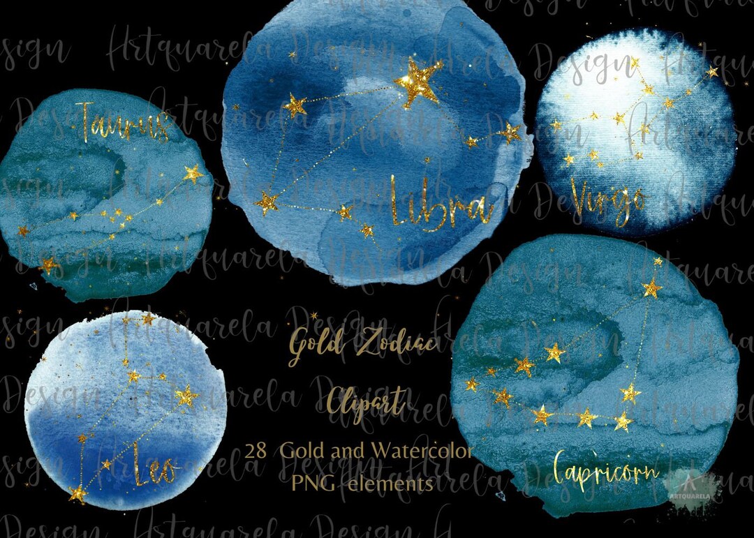 Gold Zodiac Signs Clipart,watercolor Constellations Png,blue Zodiac ...