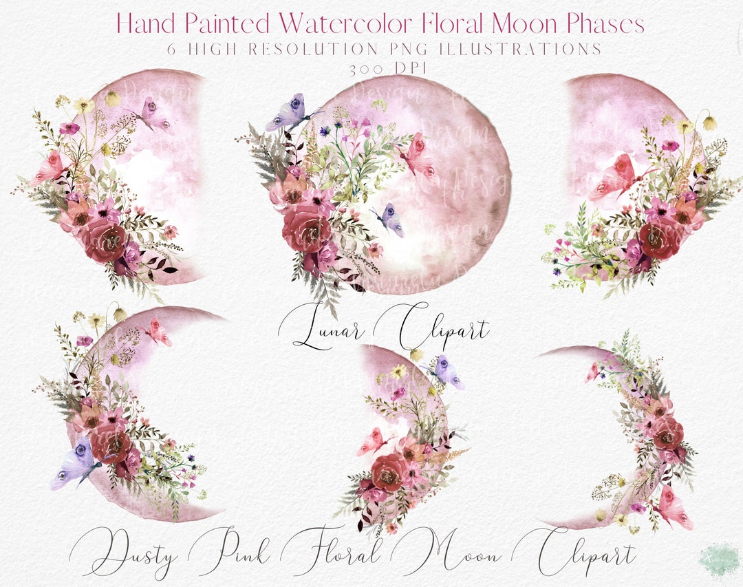 Moon Phases Clipart, Hand Painted Watercolor Dusty Pink Floral Moon ...