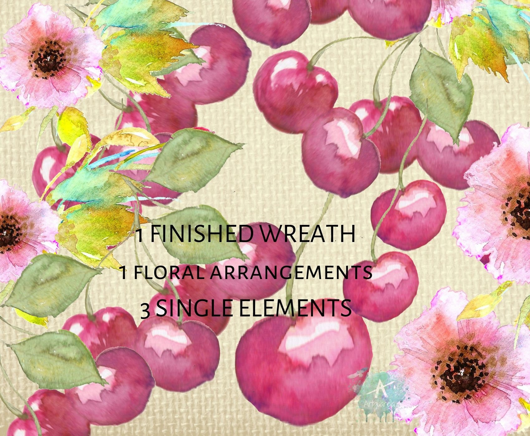 Cherries Clip Art Set Watercolor Cherry Blossom Floral Wreath Frame ...