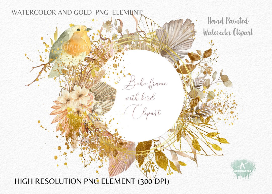 Watercolor and Gold Foil Boho Floral Wreath Clipart, Dried Leaves ...