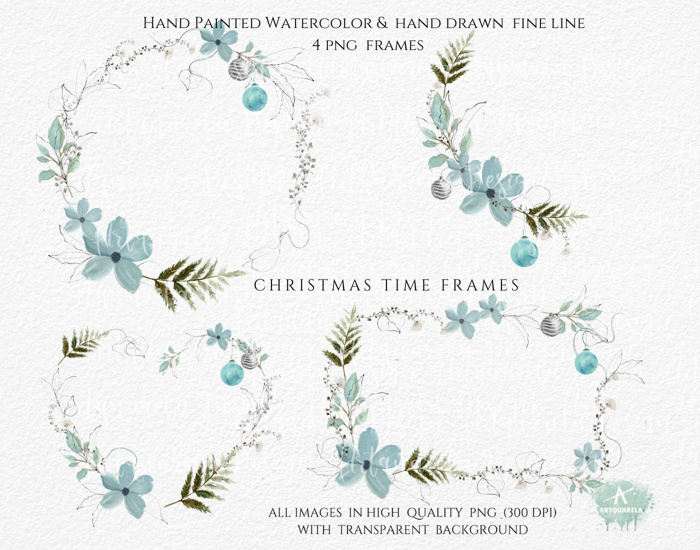 Christmas Clipart Watercolor & Hand Drawn Fine Line Christmas - Etsy