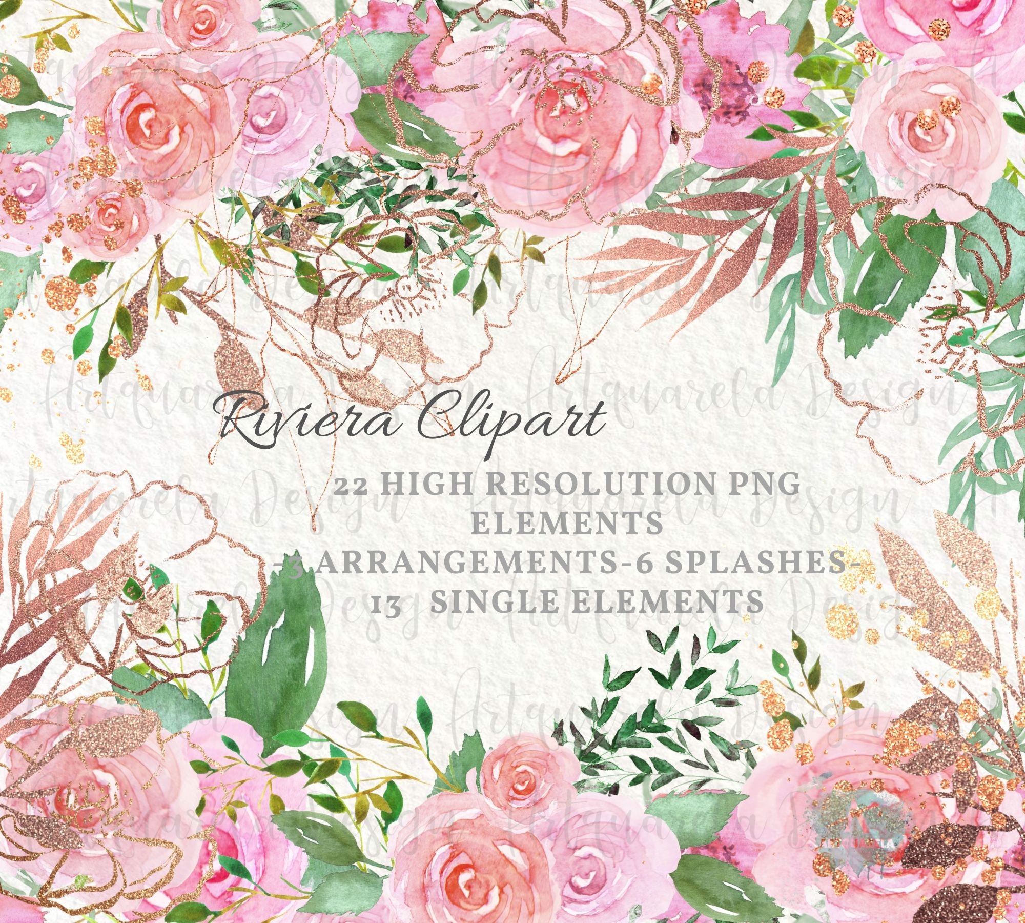 Watercolor & Rose Gold Foil Floral Set Clipartfinished Floral | Etsy