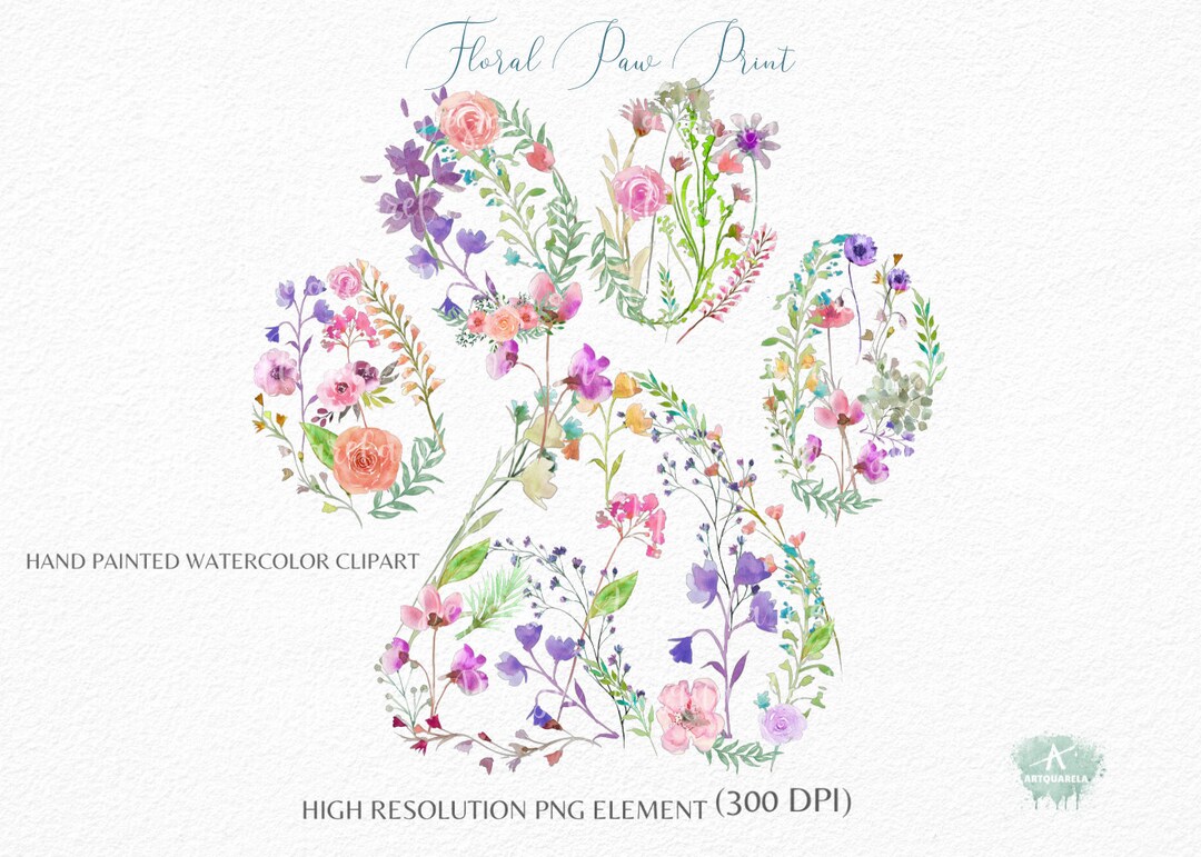 Watercolor Floral Paw Print Clipart- Dog Paw Print PNG -flowers Paw ...
