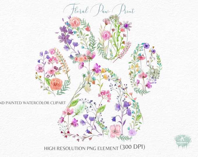 Watercolor Floral Paw Print Clipart Dog Paw Print PNG flowers Paw Print ...