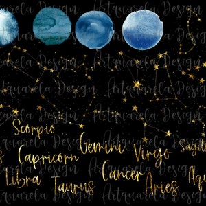 Gold Zodiac Signs Clipart,watercolor Constellations Png,blue Zodiac ...