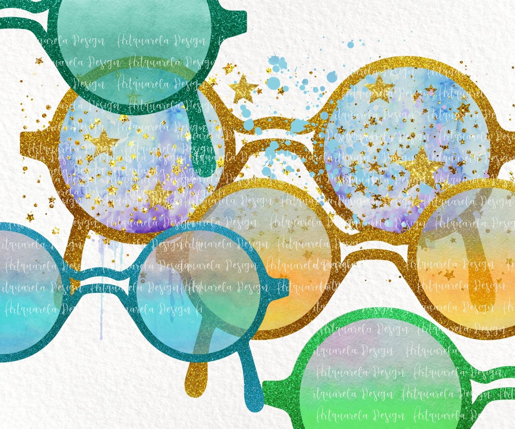 Sunglasses Clip Art Set Watercolor & Glitter Decorated | Etsy