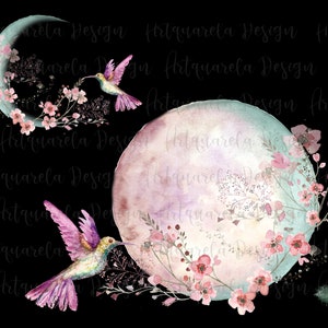 Floral Moon With a Hummingbird Clipart-watercolor Moon -cherry Blossom ...