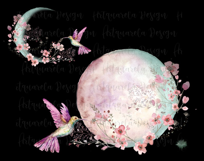 Floral Moon With a Hummingbird Clipart-watercolor Moon cherry - Etsy