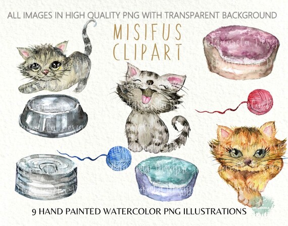 Watercolor Cats Clipart Cute Cats Illustration PNG Hand - Etsy