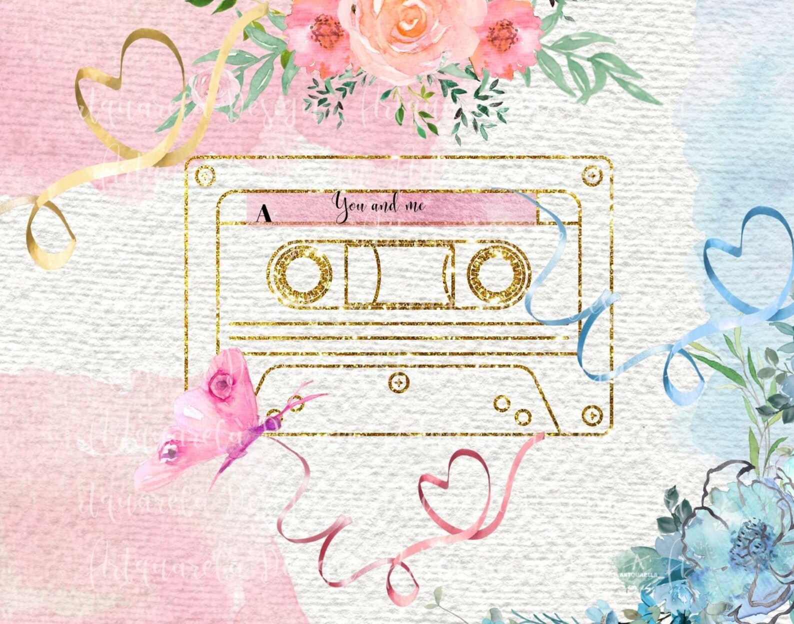 Cassette Tape Clipart Set Watercolor & Glitter Cassette - Etsy