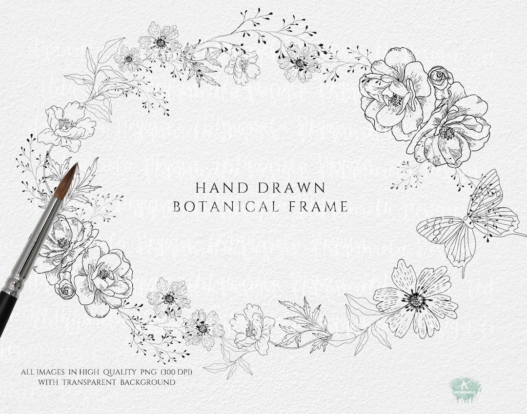 Hand Drawn Botanical Floral Frame PNG Clipart-wild Flowers Outline ...