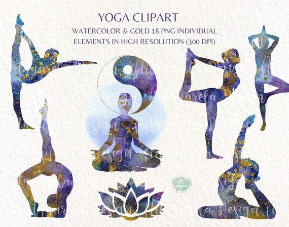 Yoga Clipart 18 Blue Watercolor & Gold Yoga Poses PNG - Etsy