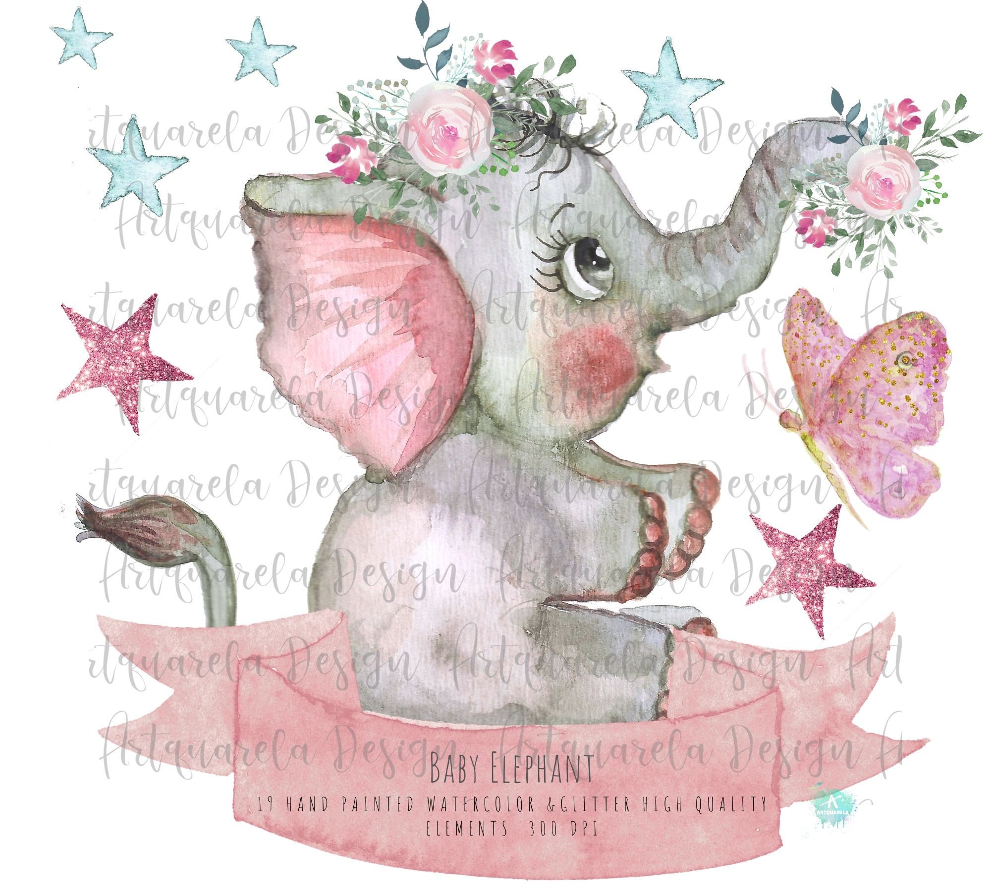 Baby Elephant Set Clipart watercolor | Etsy