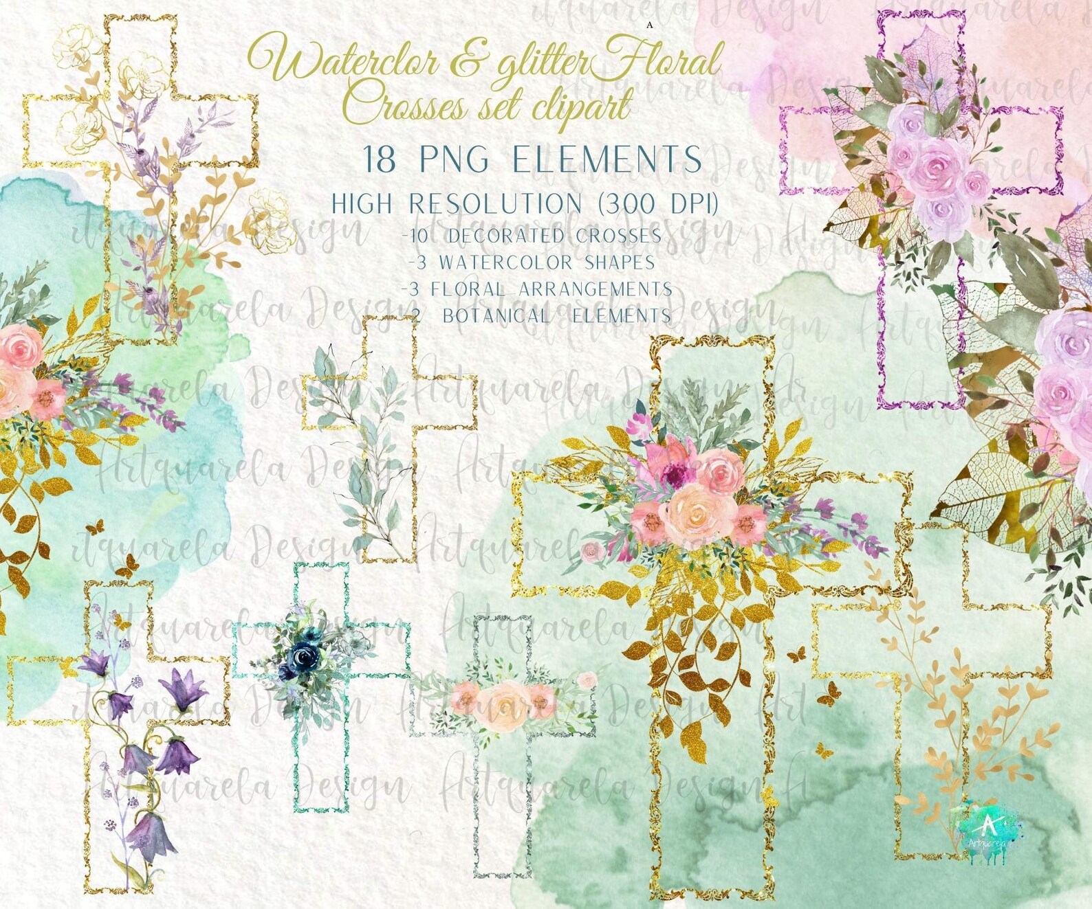 Watercolor Floral Crosses Clipart Setfirst Communionglitter - Etsy
