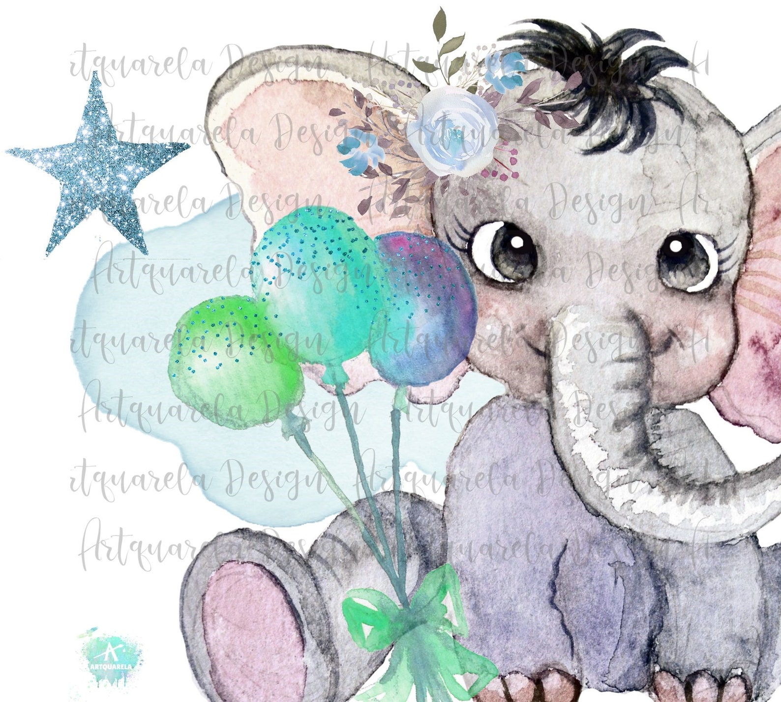 Baby Elephant Set Clipart watercolor | Etsy