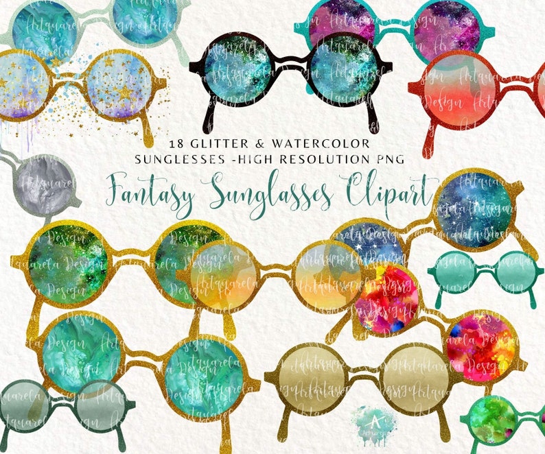 Sunglasses Clip Art Set Watercolor & Glitter Decorated | Etsy