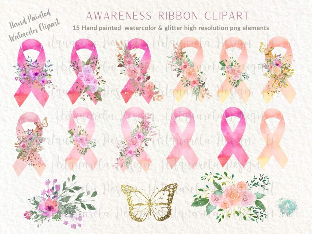 Watercolor Awareness Ribbon Clipart: Floral Breast Cancer Symbol (PNG ...