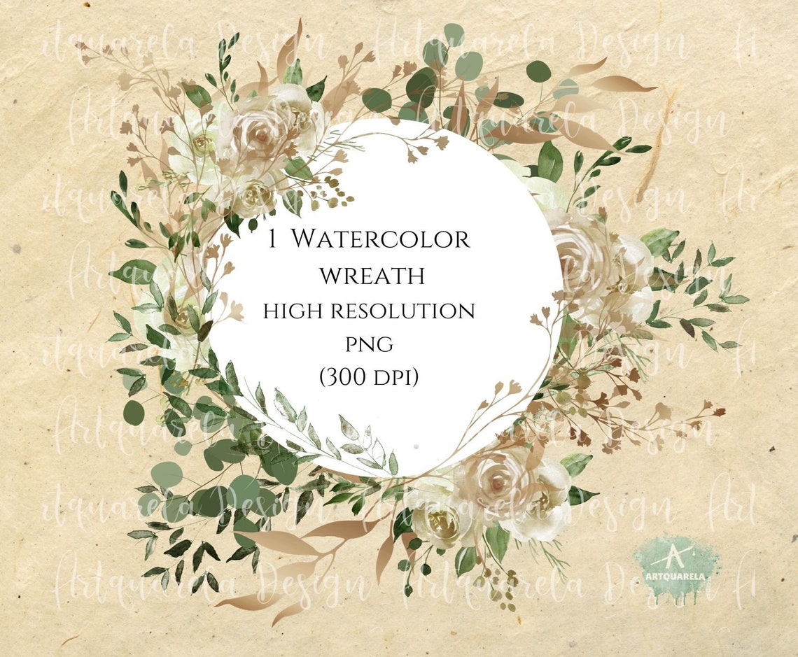 1 Neutral Greenery Circle Wreath Clipart Watercolor Neutral | Etsy