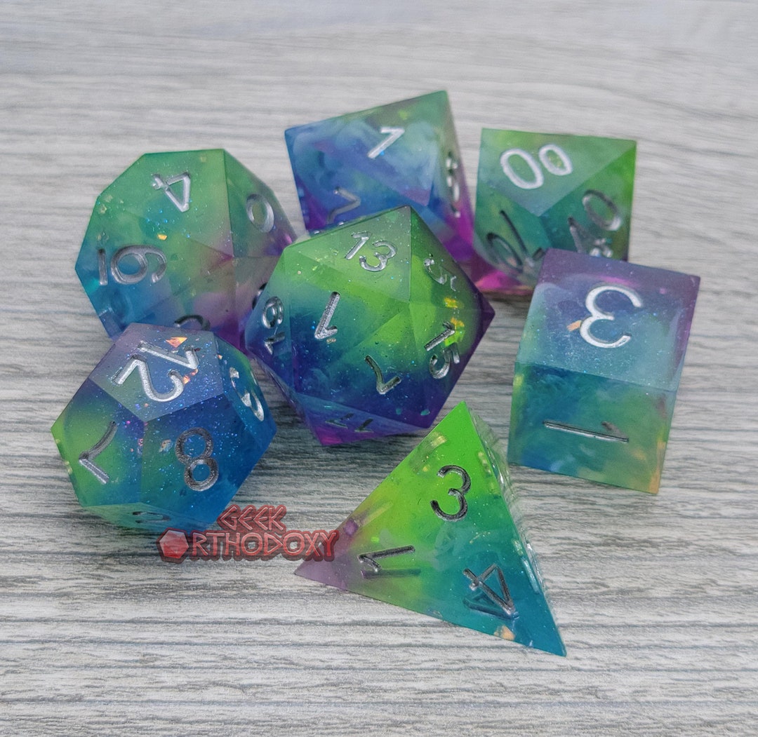 Sharp Edge Dice Full Set With Inclusions Purple & Green Dice Polyhedral ...