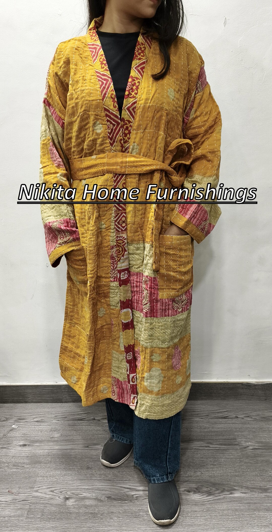 Vintage Kantha Robe, Reversible Floral Kimono, Handmade Cotton Robe ...