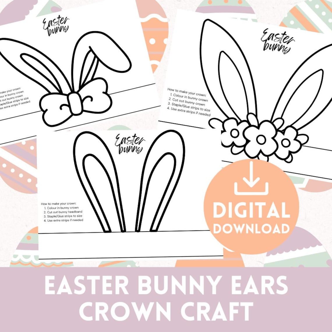 Bunny Paper Crowns Printable, Easter Bunny Ears Craft, Easter Bunny Art ...
