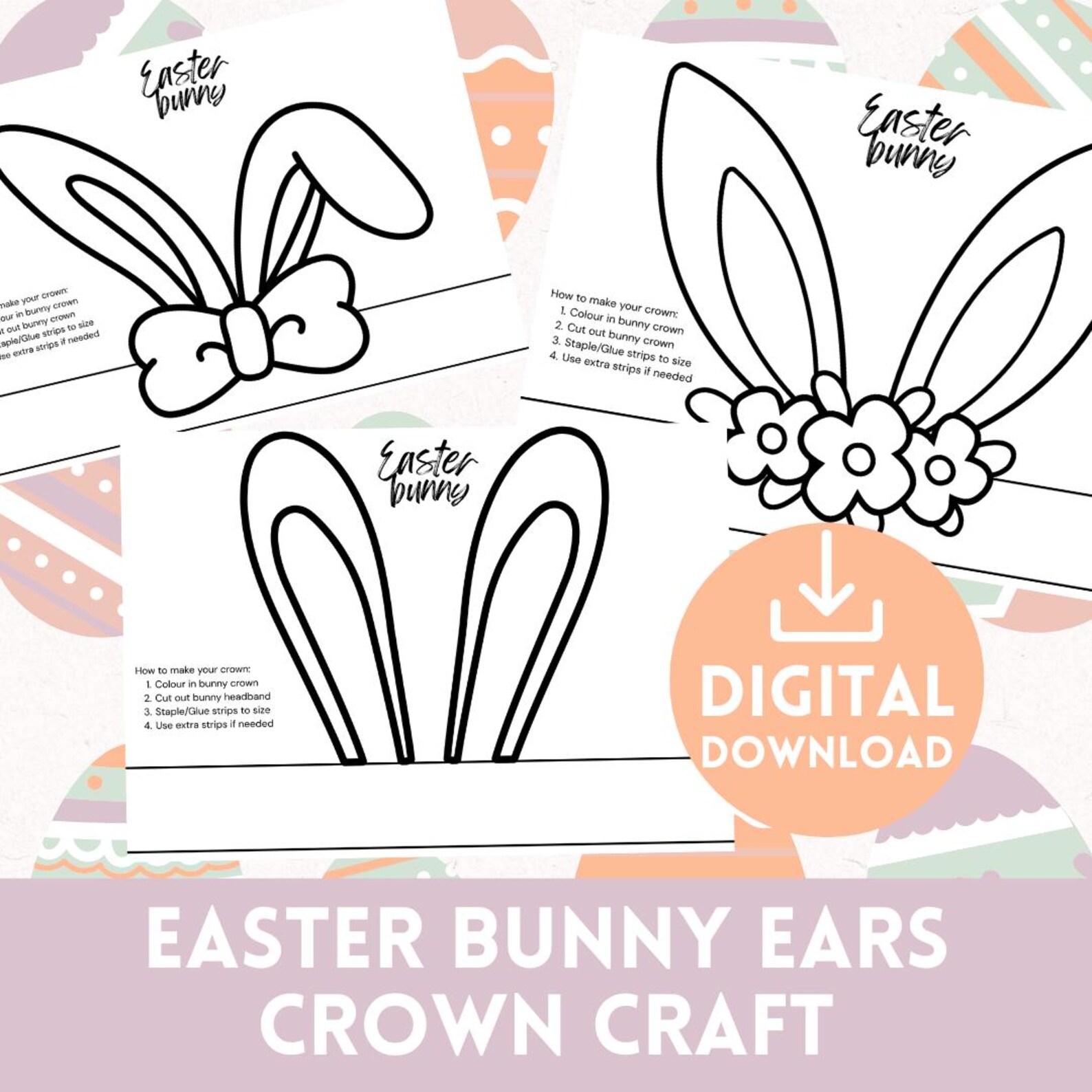 Bunny Paper Crowns Printable, Easter Bunny Ears Craft, Easter Bunny Art ...