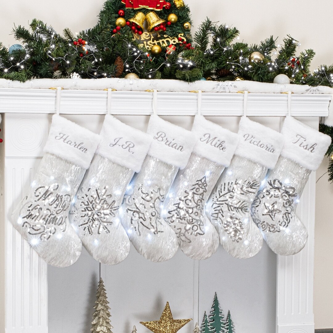 Christmas Stockings Personalized Silver Sequin Stockings LED Light ...