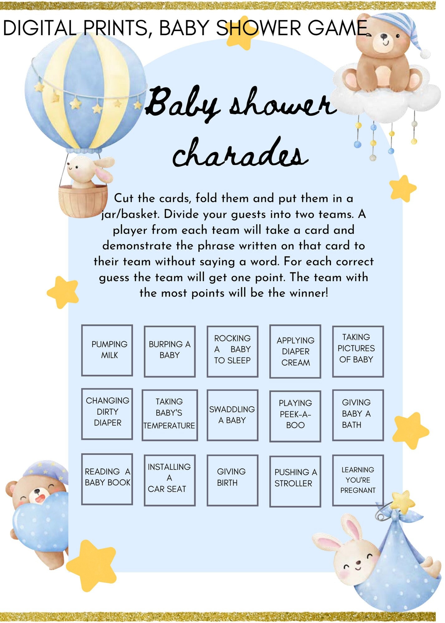 Baby Shower Game | CHARADES Baby Shower Game | Girl Baby Shower Games ...