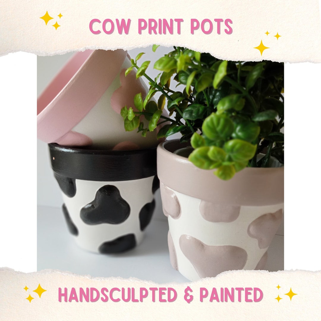 Cow Print Sculpted Clay Terracotta Pot Handpainted Black Pink - Etsy