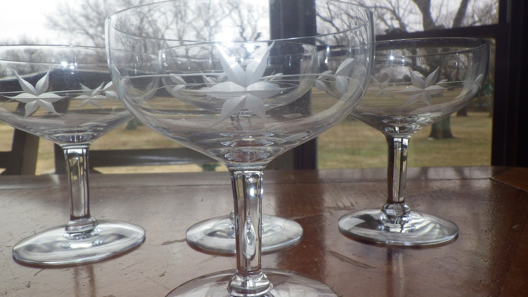 Etched Champagne Glasses Coupes Javit Crystal Company 4 6 Oz Wheel Cut ...