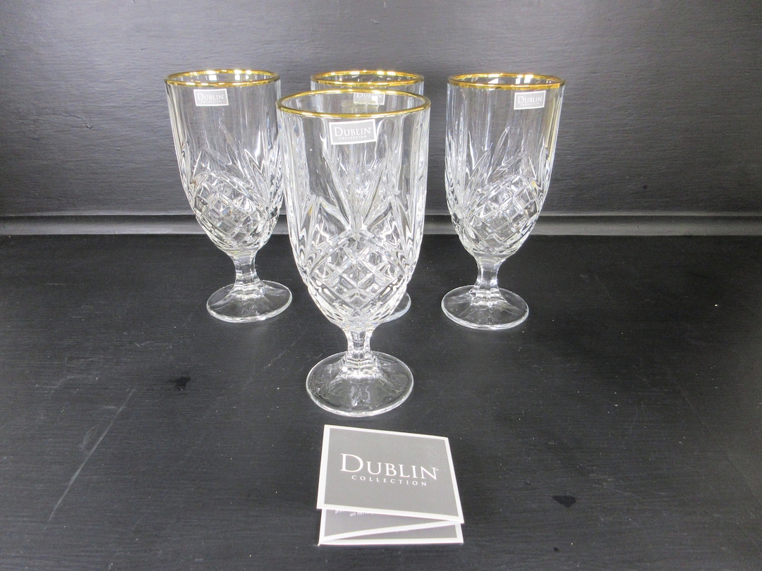 Crystal Iced Tea Glasses Goblets Dublin Gold Trim GODINGER NIB 4 16 Oz ...