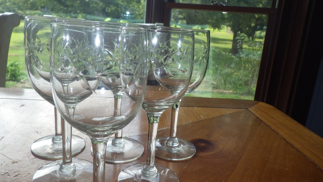 Javit Crystal Wine Glasses Goblets Bright Cut Etched Stemware 6 7oz ...