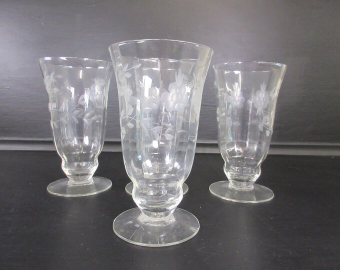 Vintage Etched Footed Iced Tea Glasses Optic Panel Floral 4 1950's Cut ...