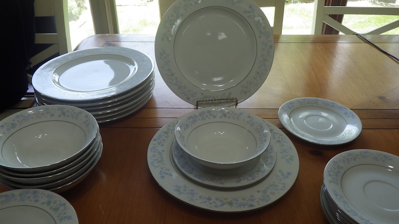 Blue White Fine China Dinnerware Set Blue Floral Design Rimmed | Etsy