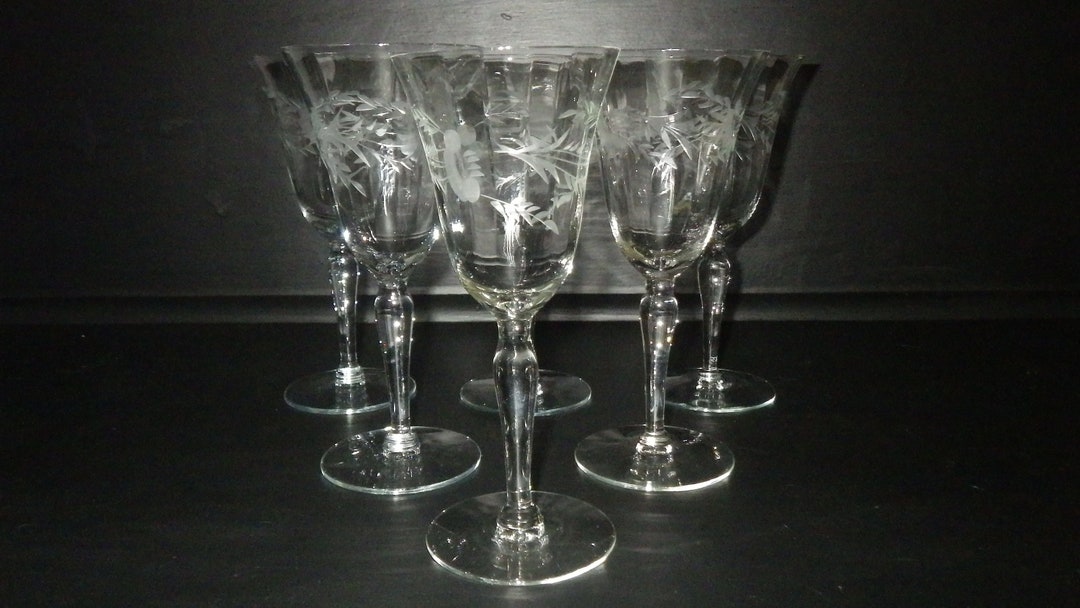 Vintage Water Glasses Goblets Etched Floral Optic Panel Wine Stems ...