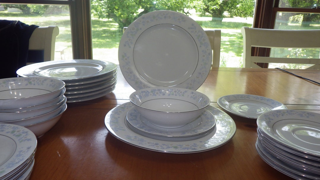 Blue White Fine China Dinnerware Set Blue Floral Design Rimmed Platinum ...