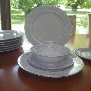 Blue White Fine China Dinnerware Set Blue Floral Design Rimmed Platinum ...