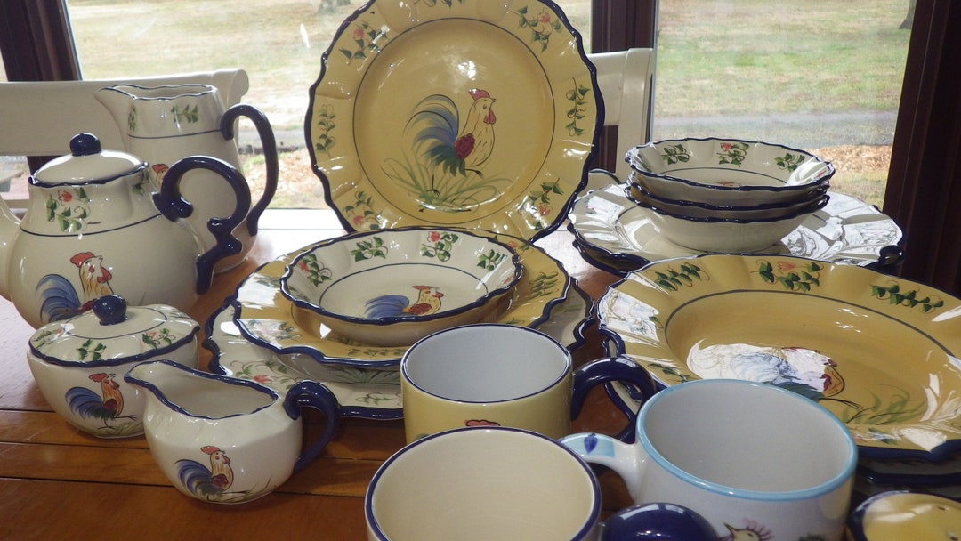 Cracker Barrel Rooster Dinnerware Set Stoneware Ceremic S/4 Teapot ...