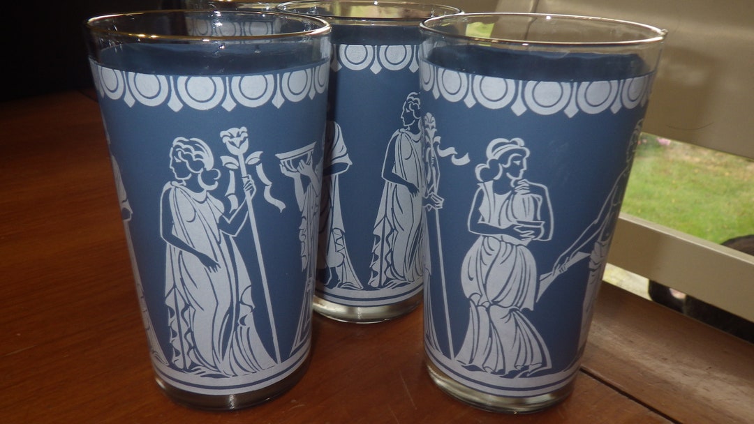 Vintage Greek Blue Hellenic Tumblers Glasses 4 12 Oz Jeannette Glass Co ...