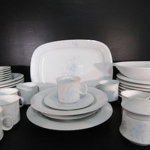 Blue White China Dinnerware Set Sara by China Pearl S/8 Floral Embossed ...