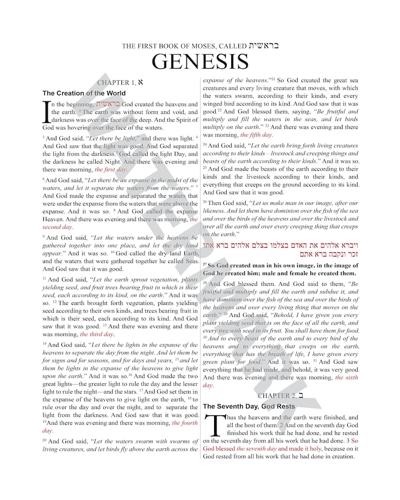Genesis 1 the Creation of the World Hebrew English 24x30 16x20 11x14 ...