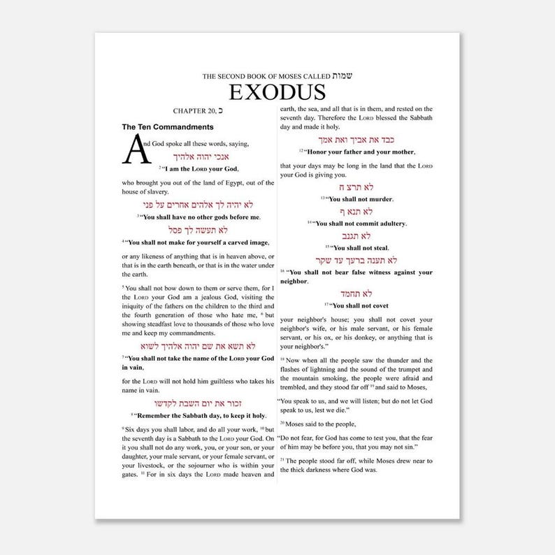 Ten Commandments Art Print – Hebrew & English, Exodus 20 - Etsy